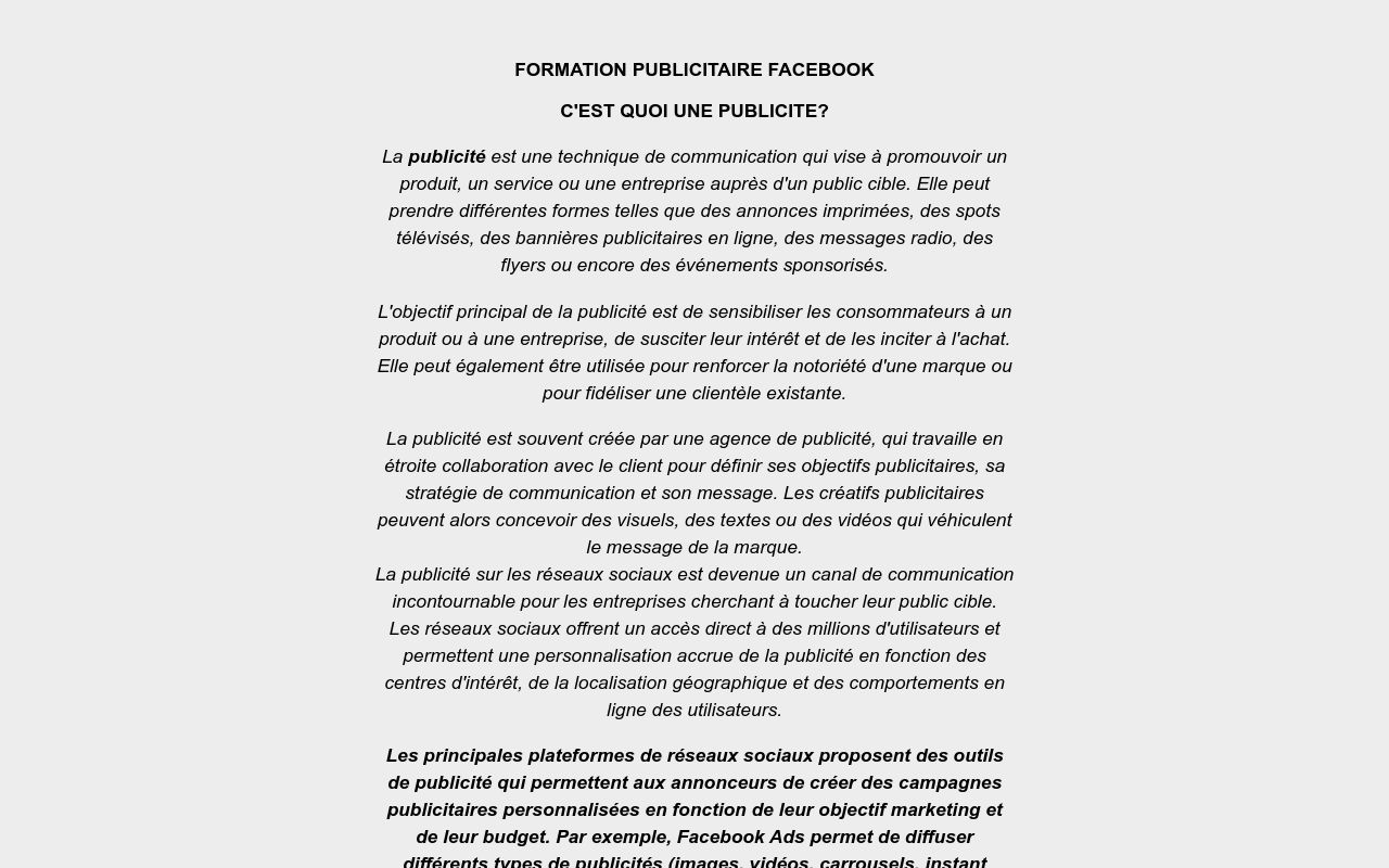 formation publicitaire facebook organisé par finance academy